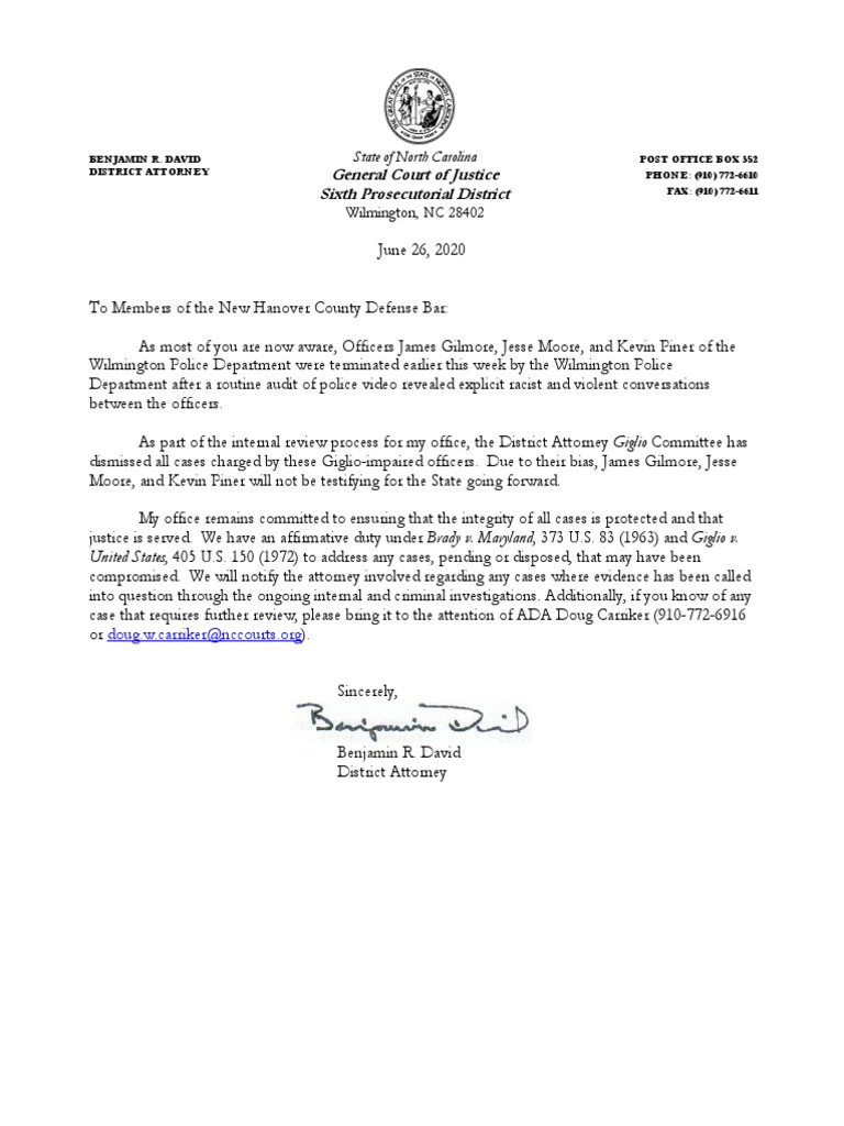 Letter To Defense Attorneys - Giglio-Impaired Officers | PDF