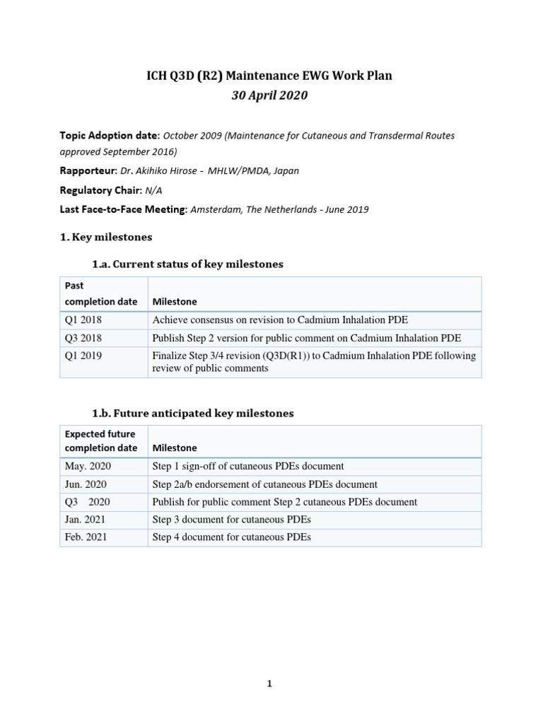 ICH Q3D (R2) EWG Work Plan 2020 | PDF | Business