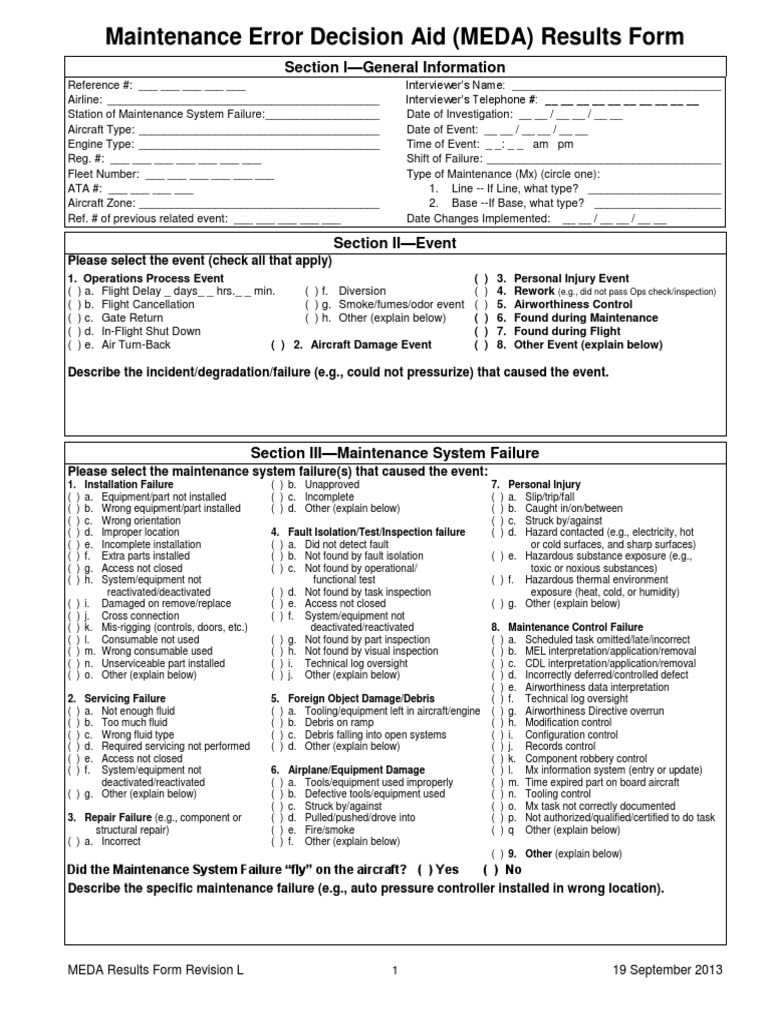 Maintenance Error Decision Aid (MEDA) Results Form: Section I - General ...