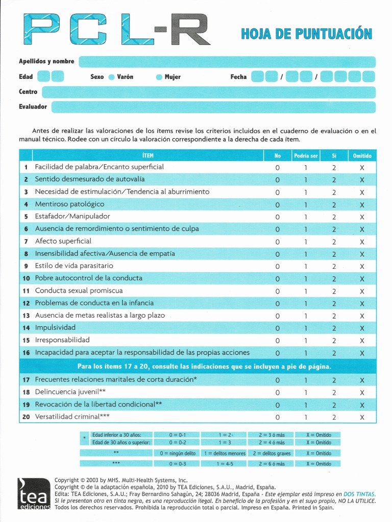 PCL-R Hoja de Puntuación PDF | PDF