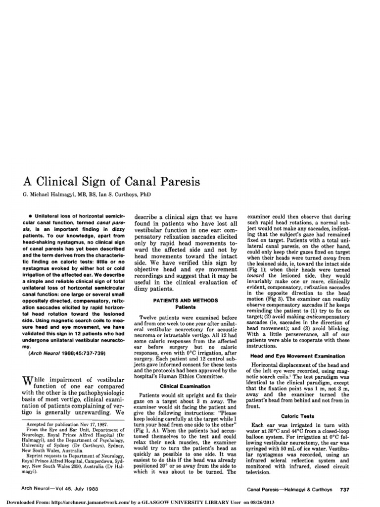A Clinical Sign of Canal Paresis: Compensatory Refixation Saccades ...