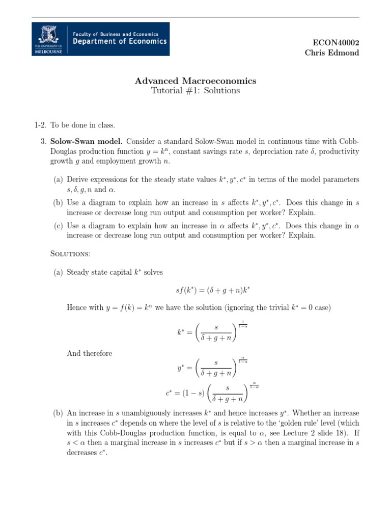 Advanced Macroeconomics Tutorial #1: Solutions | PDF | Production ...