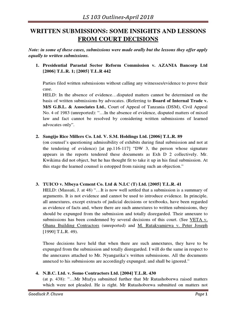 WRITTEN SUBMISSIONS-lessons From Court Decisions-1 | PDF | Lawsuit | Lawyer