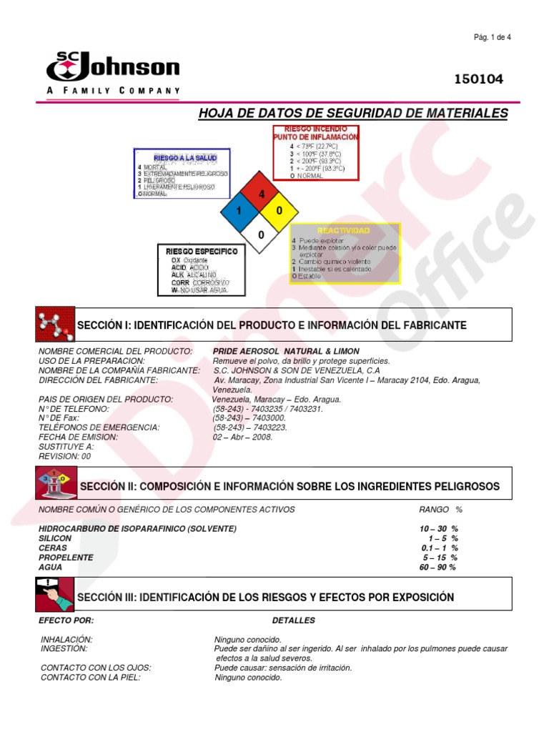 Hoja de Seguridad: Pride Aerosol | PDF | Solvente | Agua