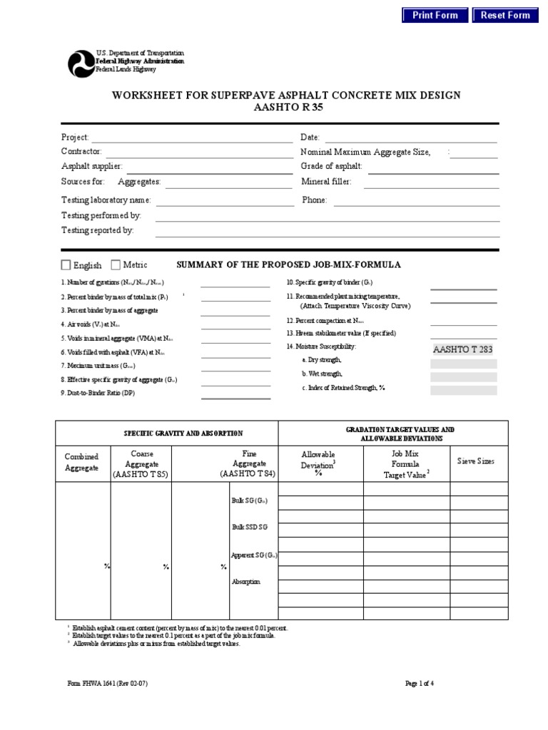 Worksheet For Superpave Asphalt Concrete Mix Design Aashto R 35 | PDF ...