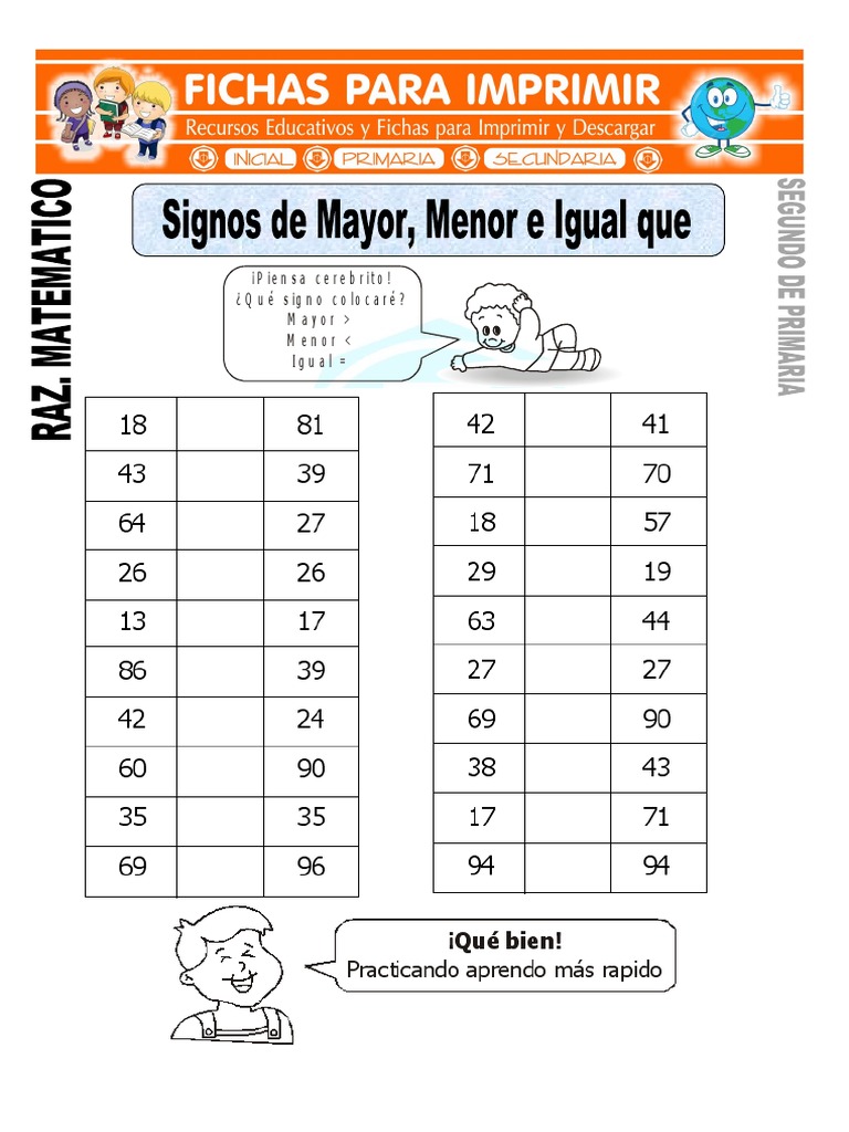 Ficha de Signos de Mayor y Menor para Segundo de Primaria | PDF