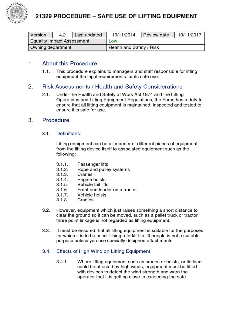Safe Lifting Equipment Procedure | PDF | Elevator | Safety