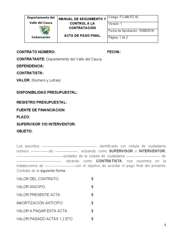 FO-M9-P2-16 V01 Acta de Pago Final | PDF | Finanzas y dinero