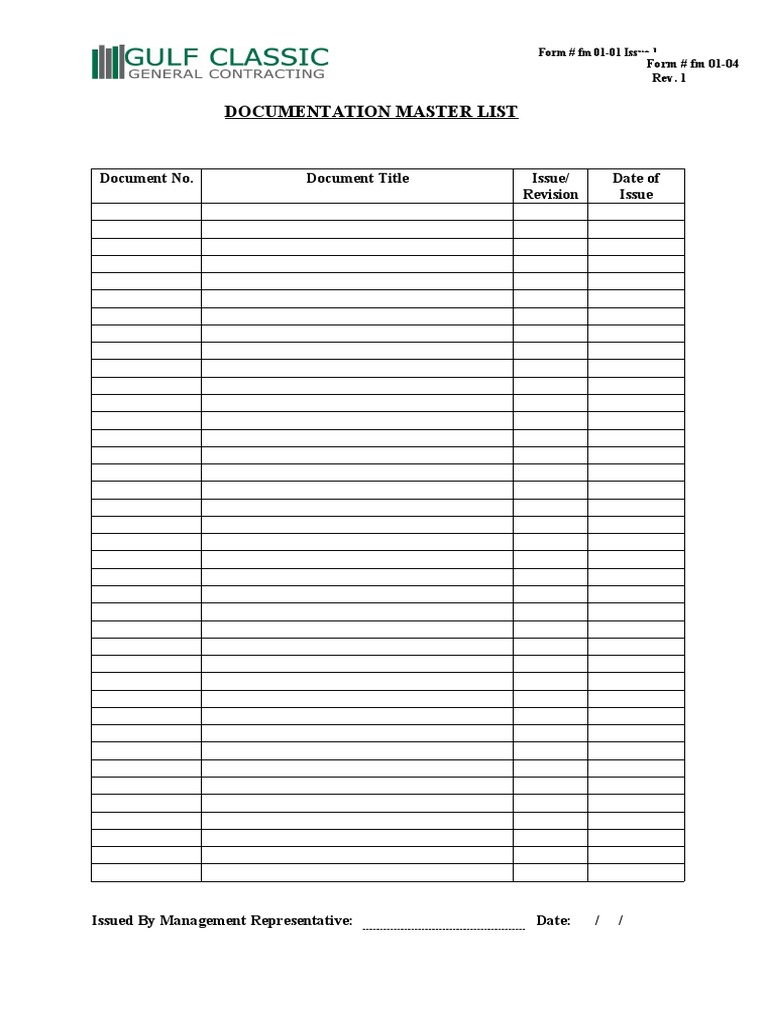 Documentation Master List Overview | PDF