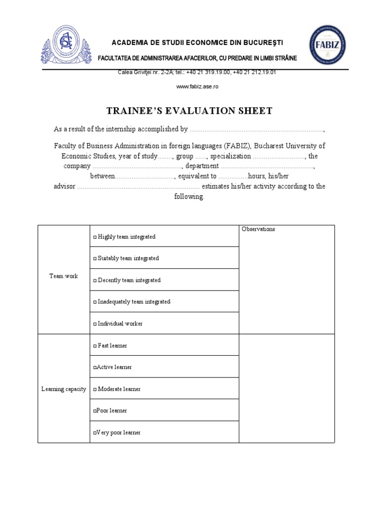 Trainee'S Evaluation Sheet: Academia de Studii Economice Din Bucureşti ...