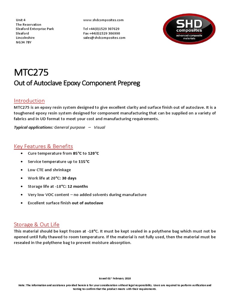Out of Autoclave Epoxy Component Prepreg: Typical Applications: General ...