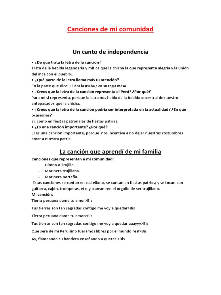 Canción de Mi Comunidad - SEMANA 13 - ARTE Y CULTURA | PDF