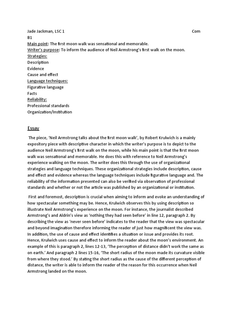 Neil Armstrong Essay - Jade Jackman | PDF | Moon | Writers