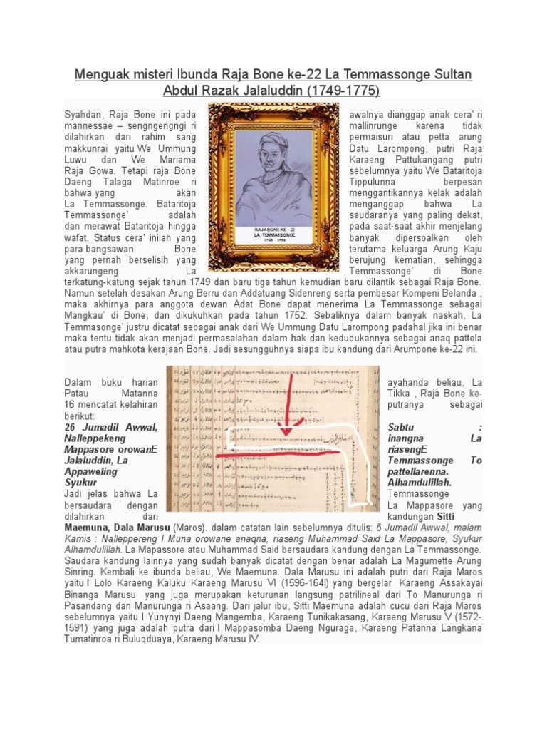Menguak Misteri Ibunda Raja Bone Ke-22 La Temmassonge | PDF