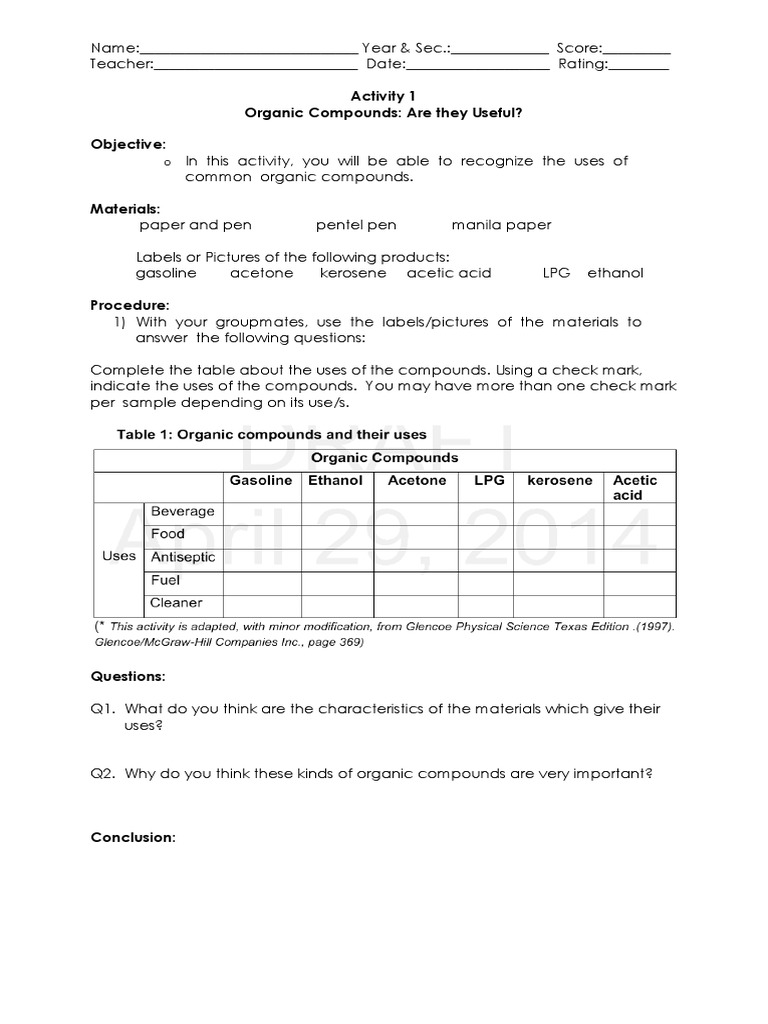 Organic Compounds Activities | PDF | Hydrocarbons | Alkene