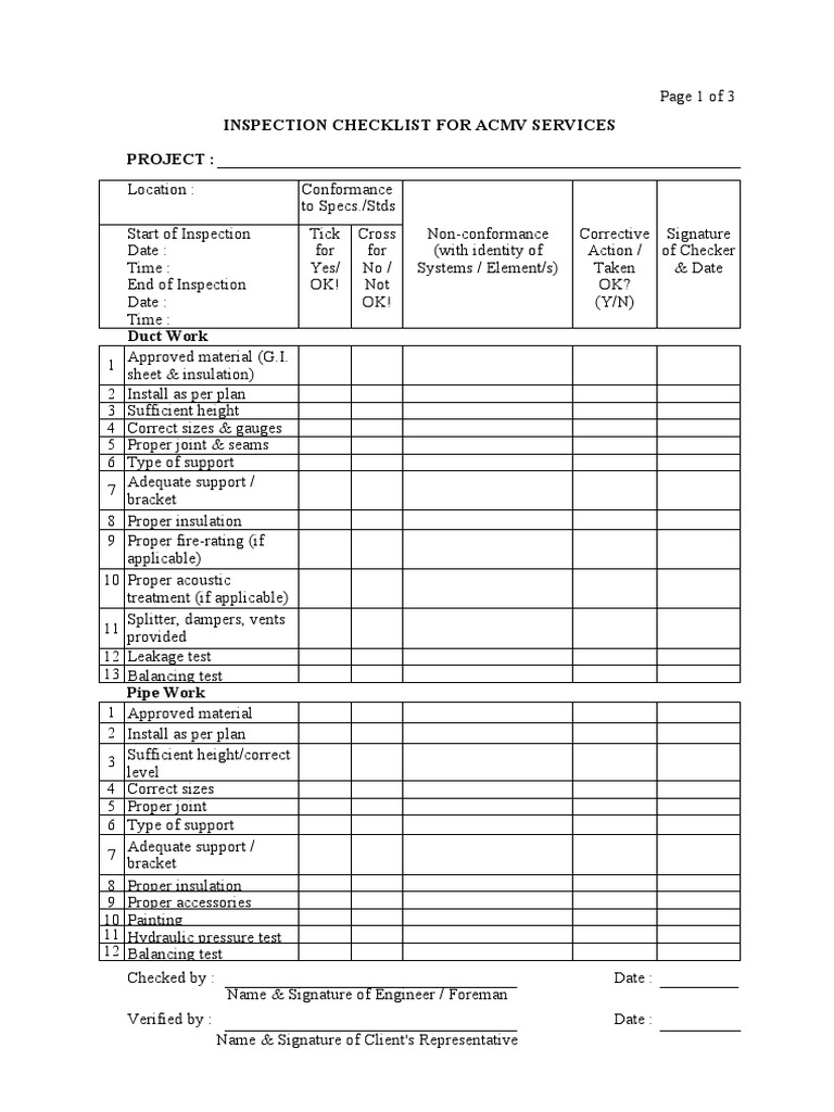 Inspection Checklist for Air Conditioning, Mechanical Ventilation and ...