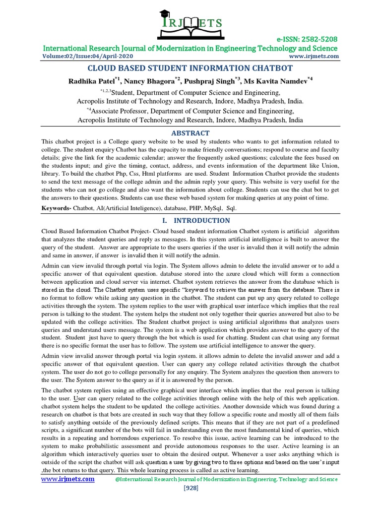 Cloud Based Student Information Chatbot PDF | PDF | Internet Bot | Ajax (Programming)