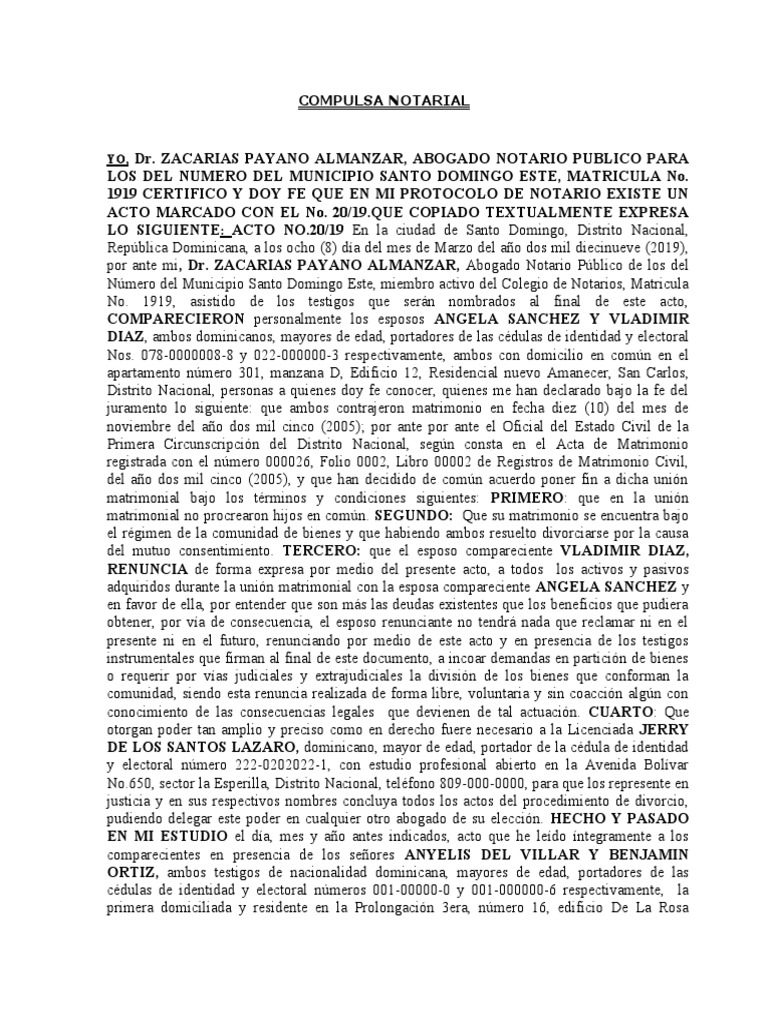 Modelo de Compulsa Notarial RD | PDF | Divorcio | República Dominicana