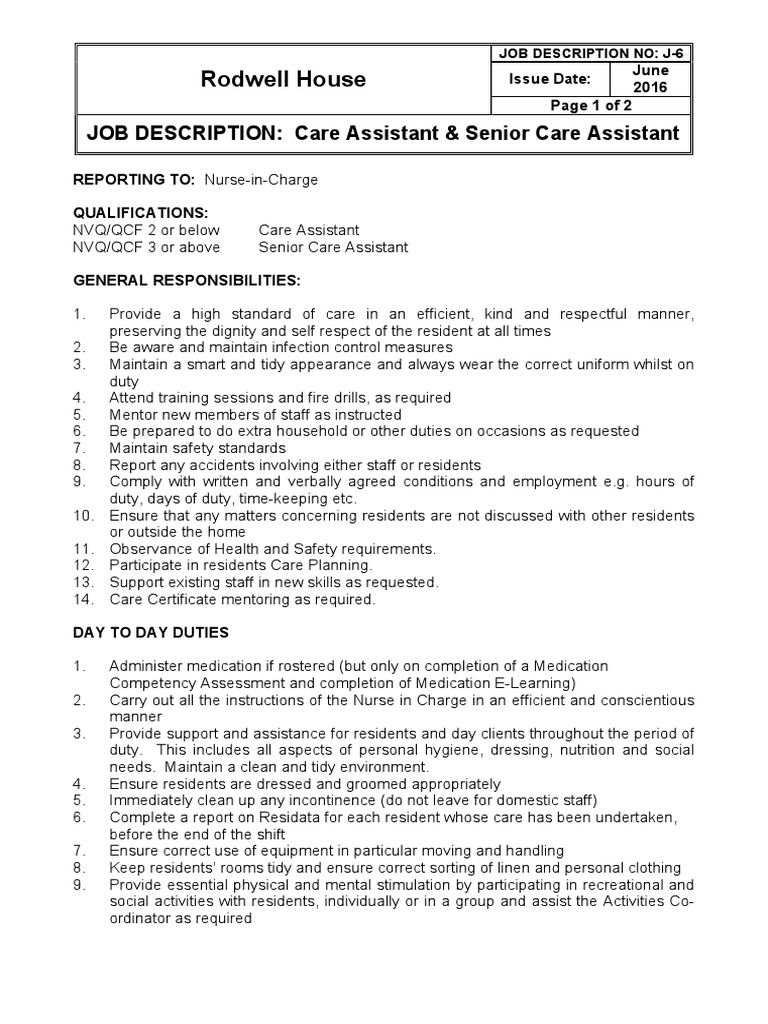 Rodwell House: JOB DESCRIPTION: Care Assistant & Senior Care Assistant ...