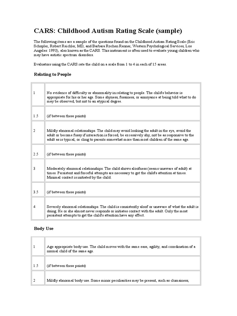 CARS: Childhood Autism Rating Scale (Sample) : Relating To People | PDF ...