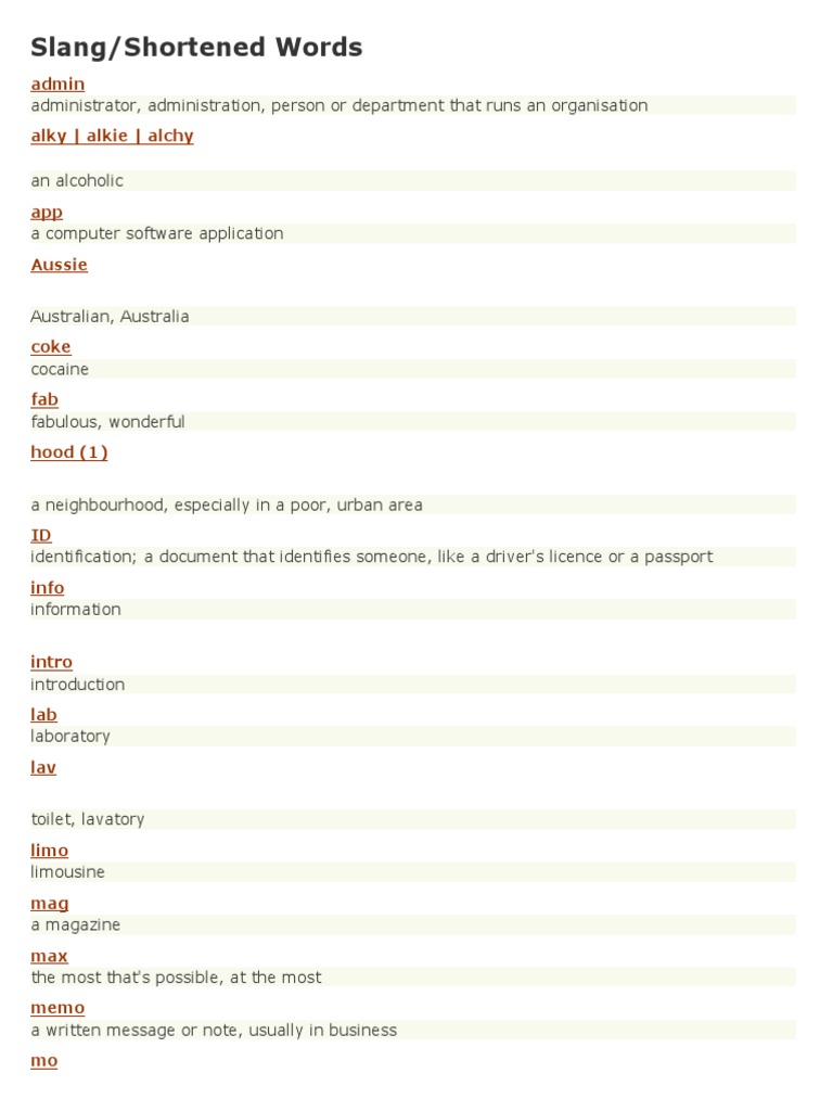Slang/Shortened Words: Admin Alky - Alkie - Alchy | PDF