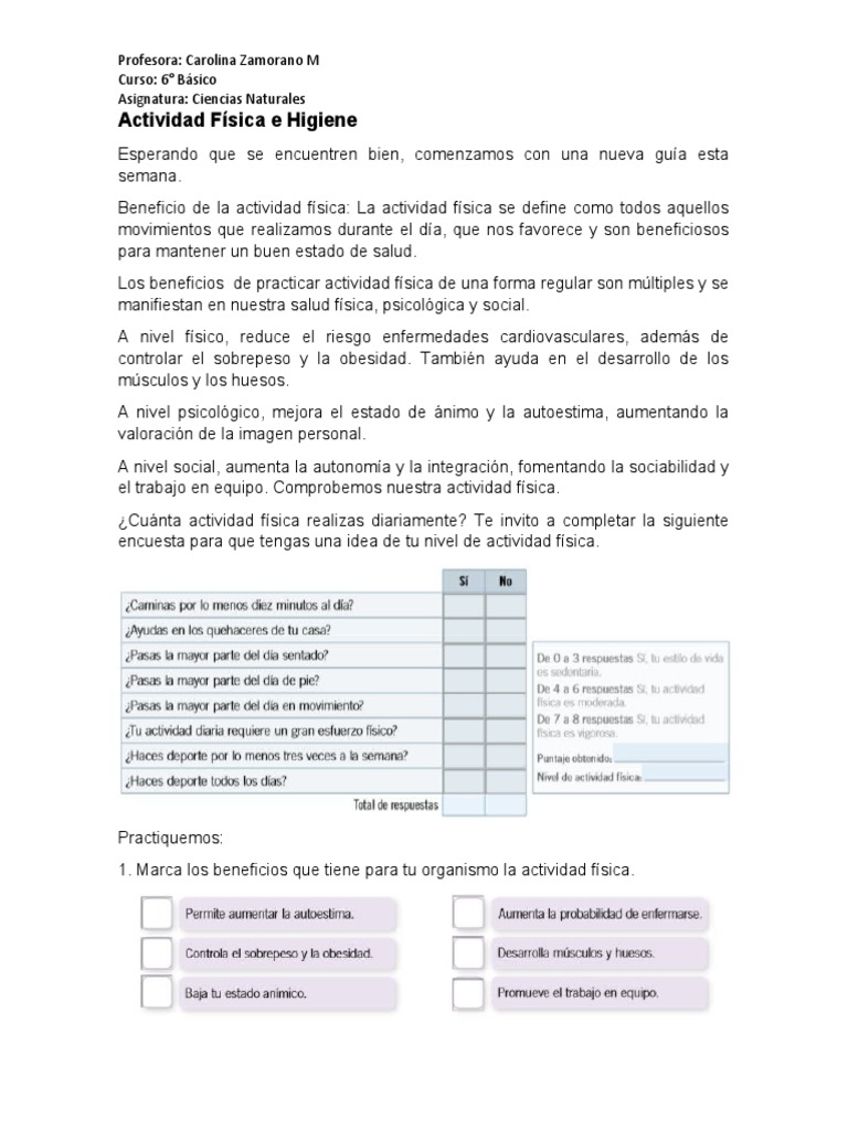Actividad Física e Higiene Sexto Basico 02-06 | PDF | Obesidad | Salud ...