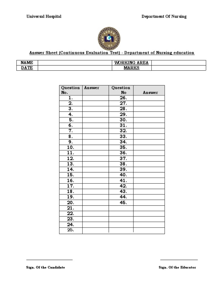 Answer Sheet (Continuous Evaluation Test) - Department of Nursing ...