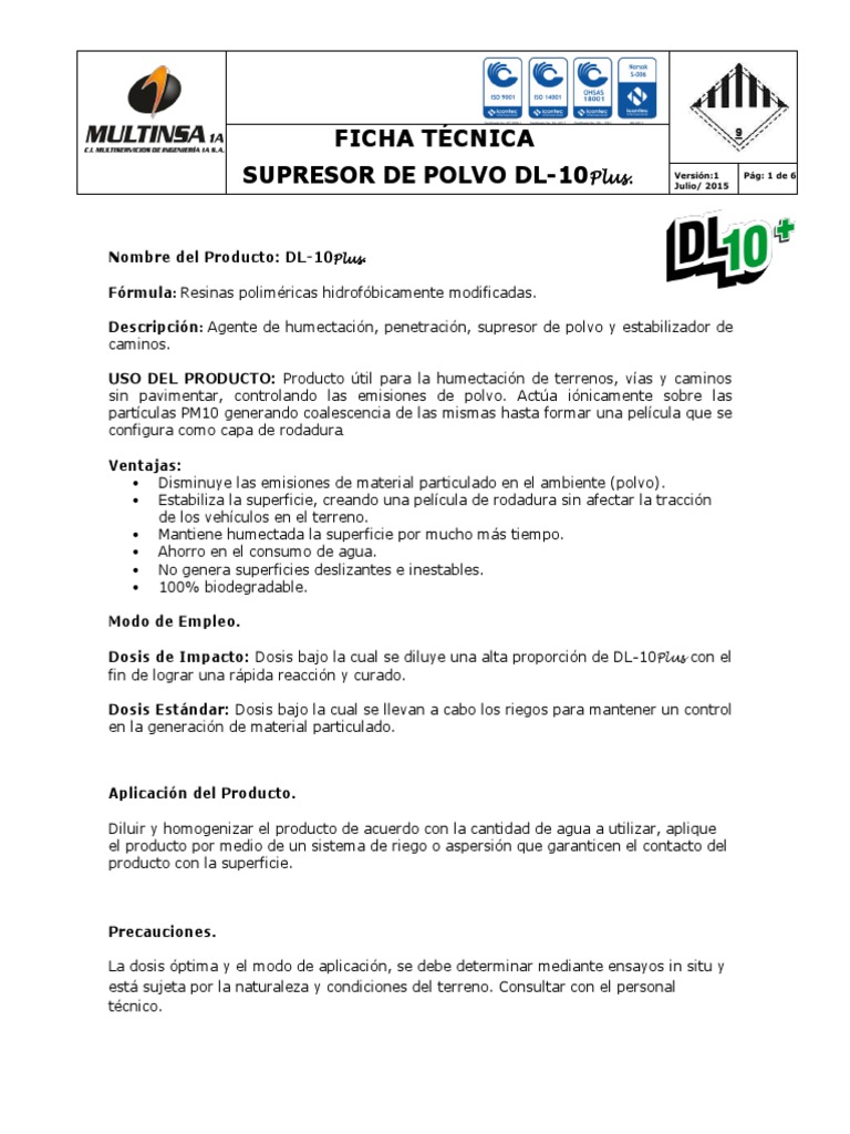 Ficha Técnica DL10 | PDF | Agua | Química
