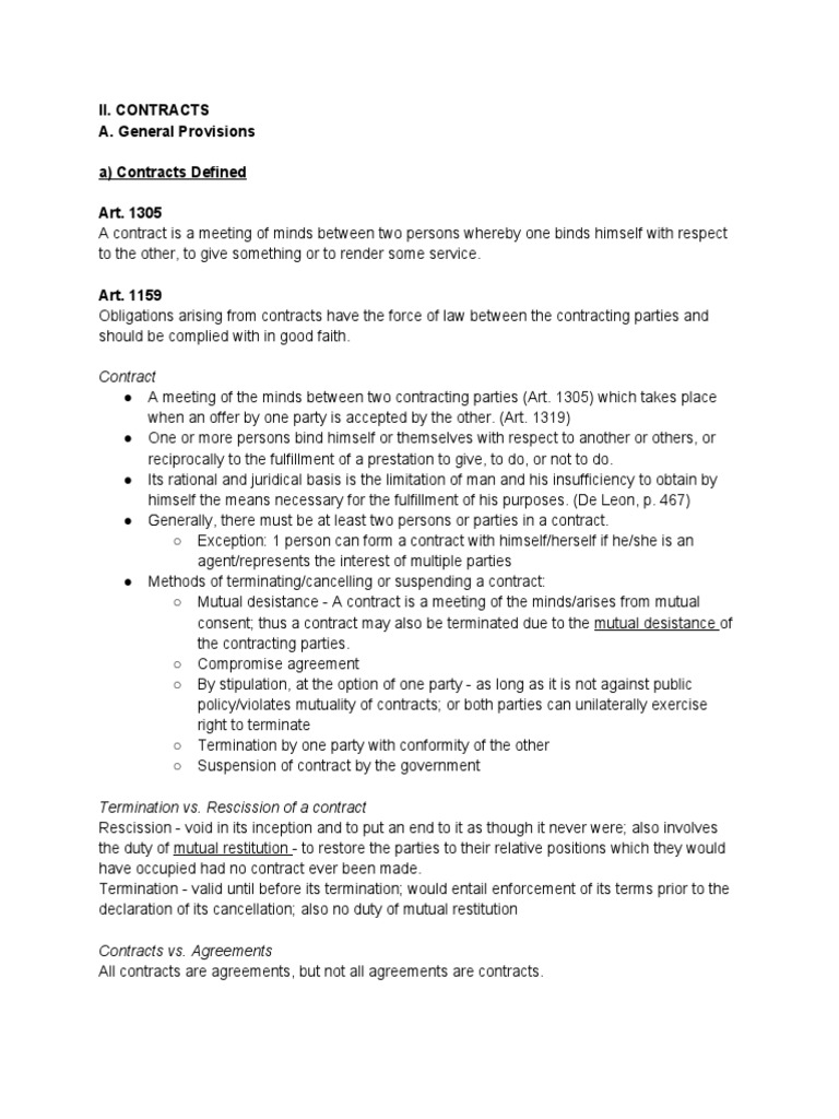 Ii. Contracts A. General Provisions A) Contracts Defined Art. 1305 | PDF | Offer And Acceptance ...