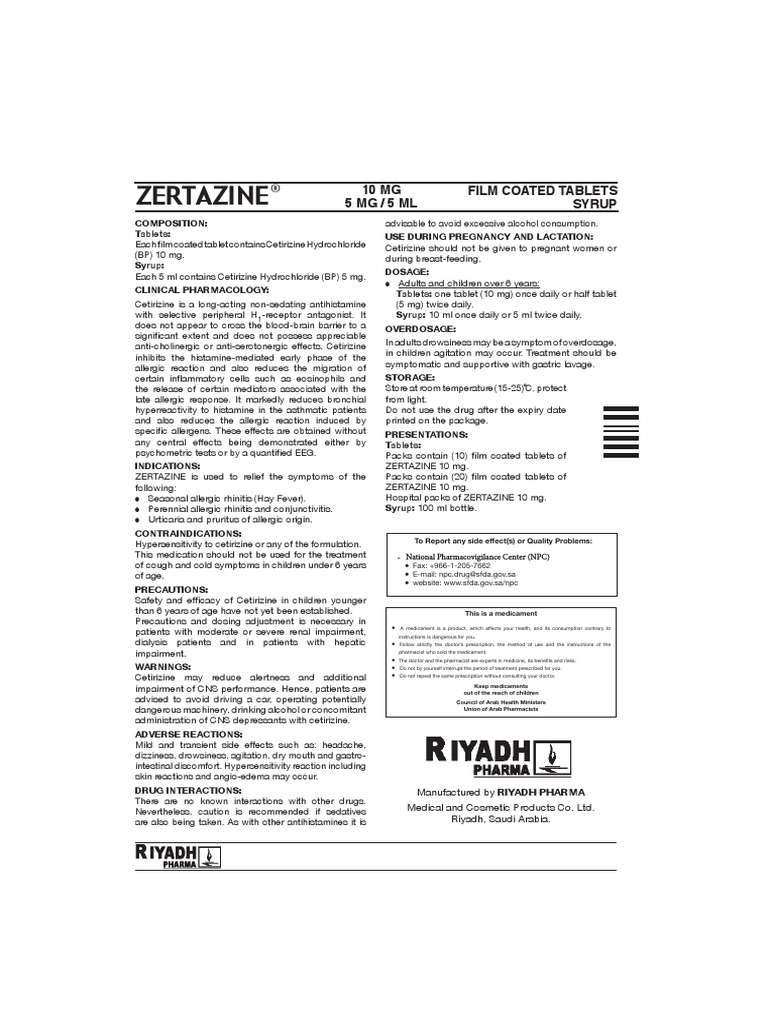 Zertazine: 10 MG 5 MG / 5 ML Film Coated Tablets Syrup | Download Free ...