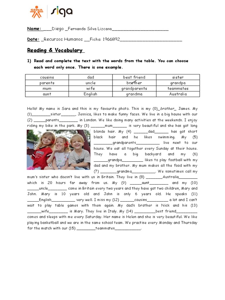Comprensión Lectora Ingles | PDF | Workweek And Weekend | Family