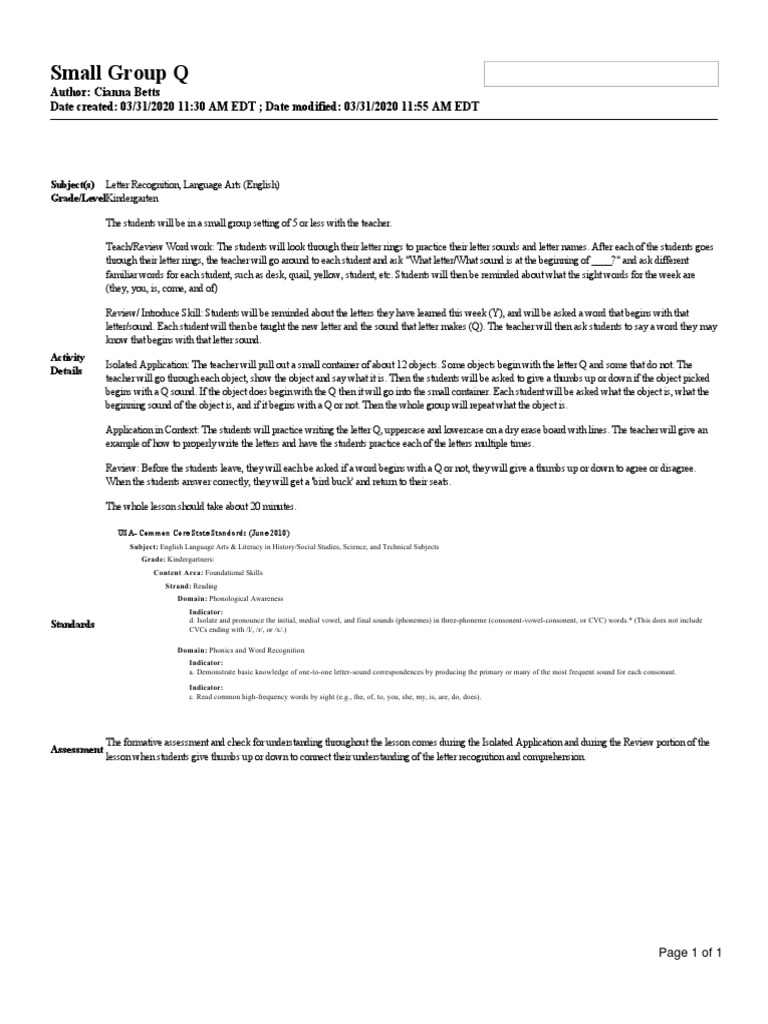 Kindergarten Letter Q Lesson Plan | PDF | Symbols | Cognitive Science