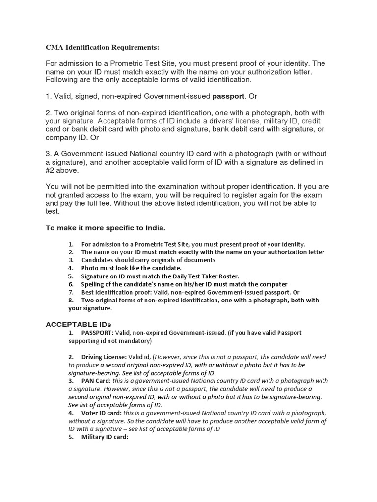 CMA EXAM Identification Requirements PDF | PDF | Identity Document ...