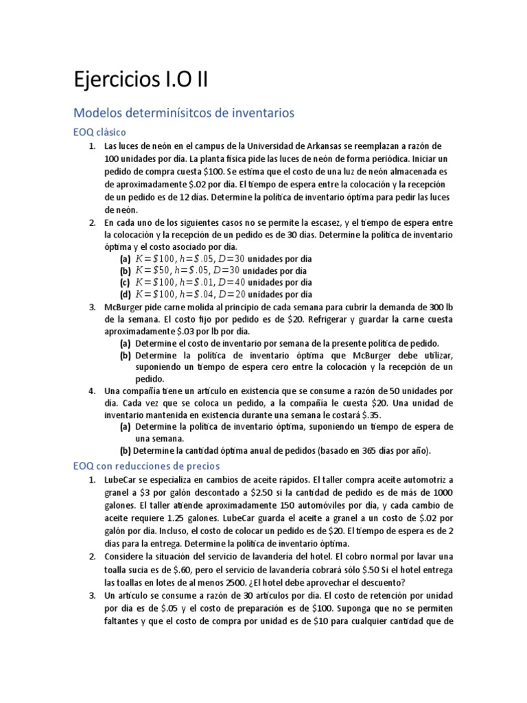 Ejercicios IO II | PDF | Inventario | Business