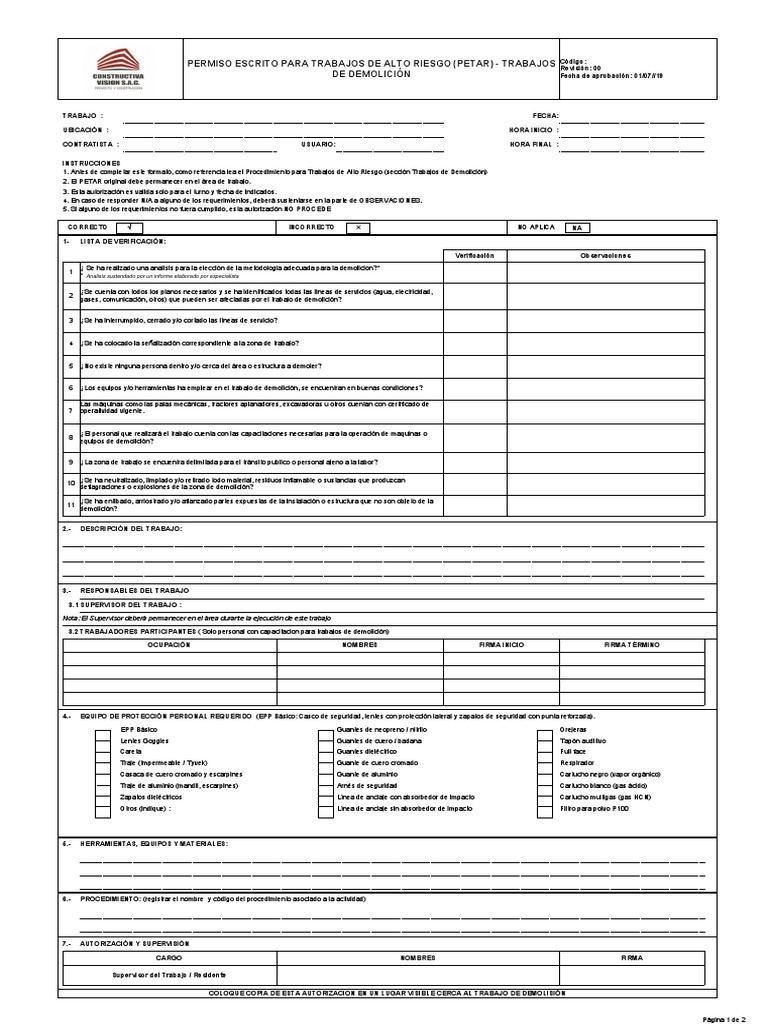 Permiso Escrito para Trabajos de Alto Riesgo (Petar) - Trabajos de Demolición | PDF | Naturaleza