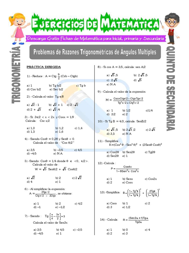 Problemas de Razones Trigonométricas de Ángulos Múltiples para Quinto ...