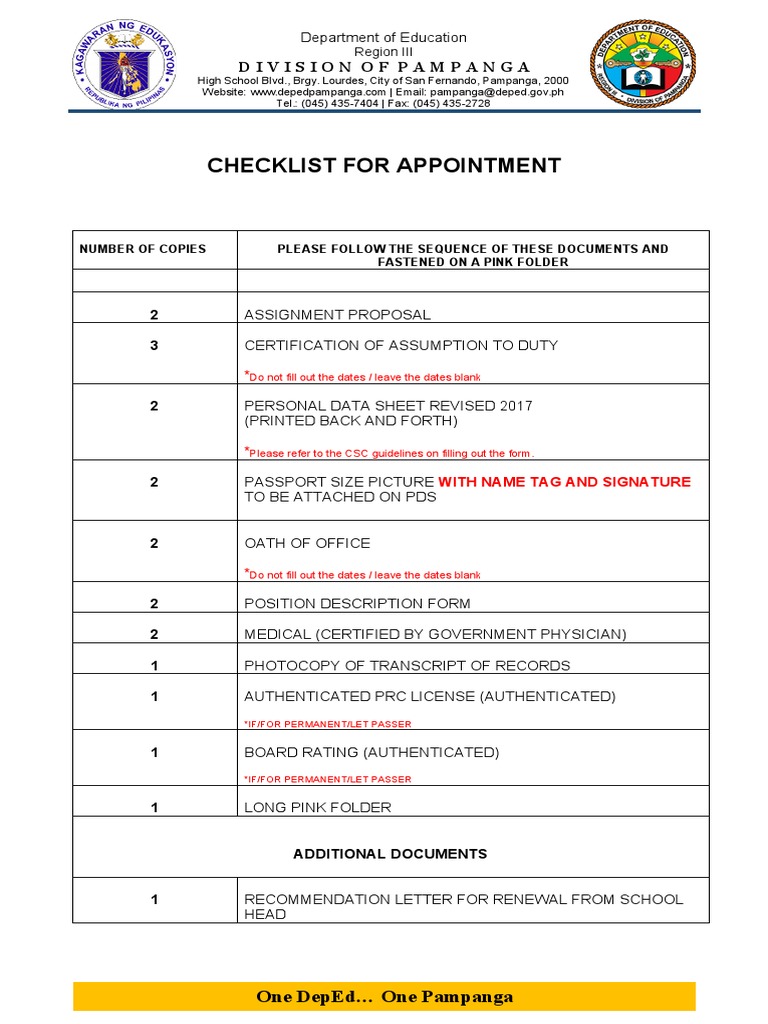 Checklist For Appointment: Division of Pampanga | PDF