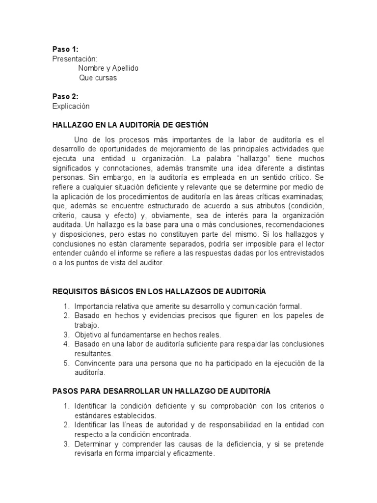 Hallazgo en La Auditoria de Gestion (Exposicion) | PDF | Auditoría | Contralor