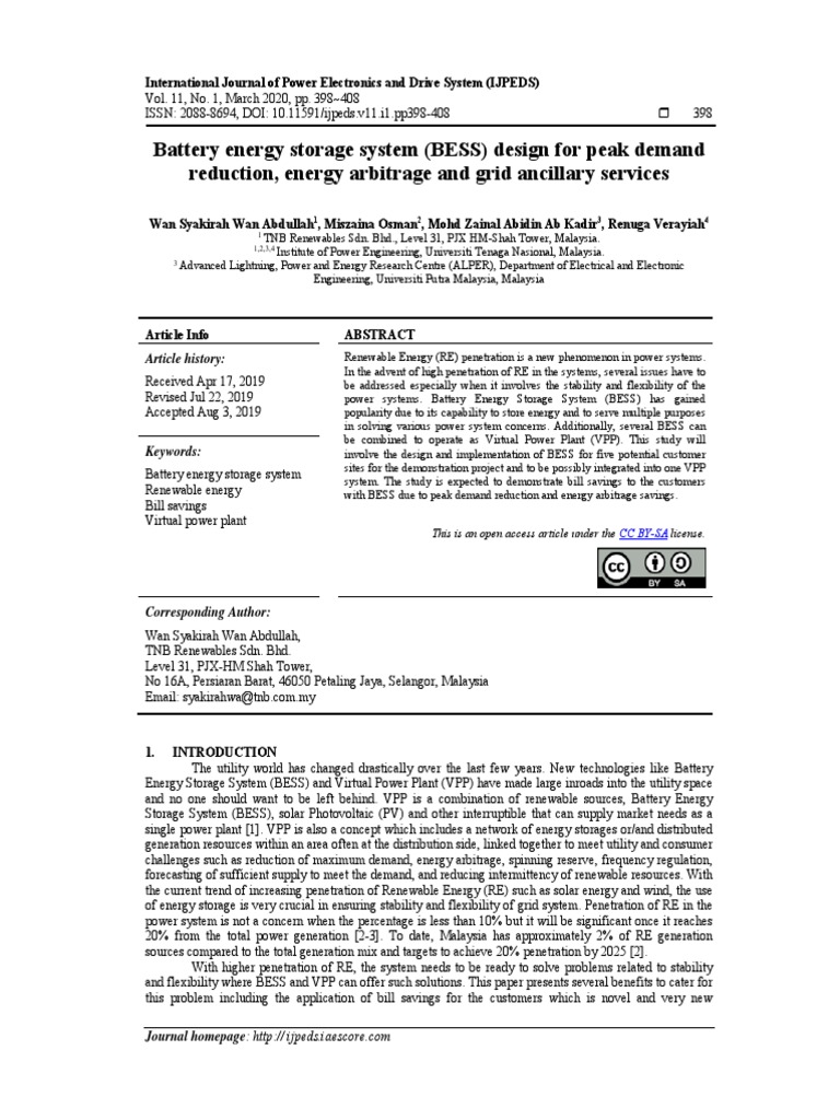 Battery Energy Storage System BESS Design For Peak PDF | PDF ...