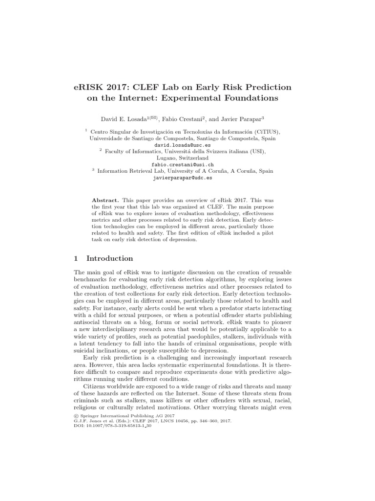 eRISK 2017: Early Risk Prediction on the Internet | PDF | Risk | Social ...