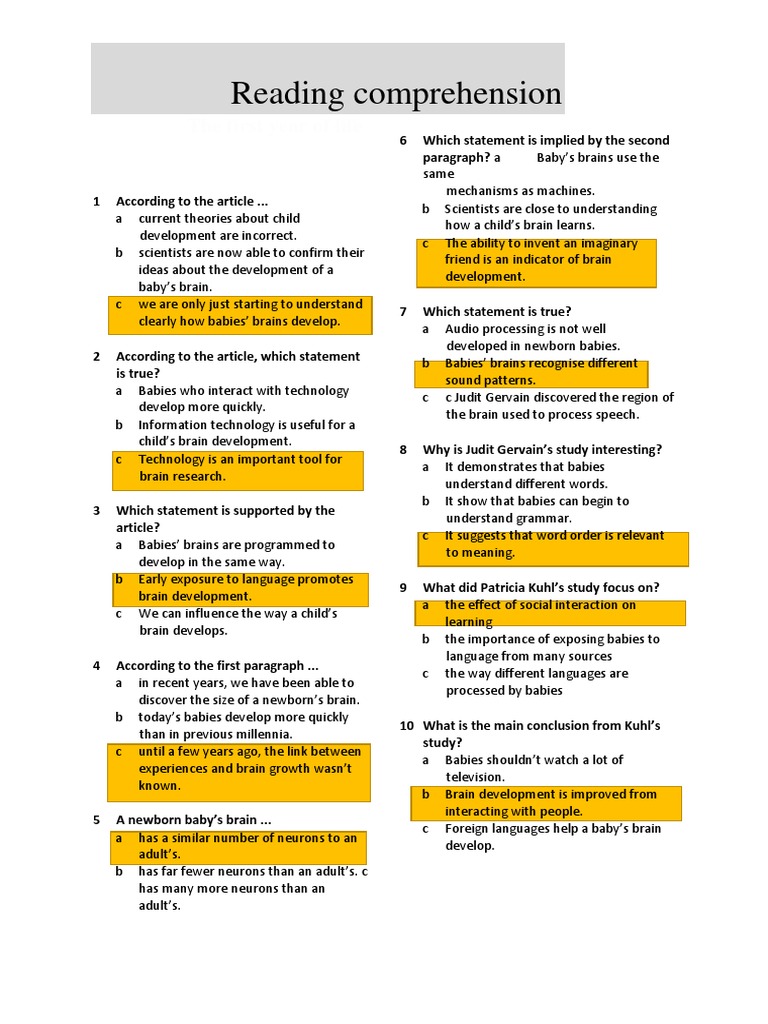 Reading Comprehension: The First Year of Life | PDF | Brain ...