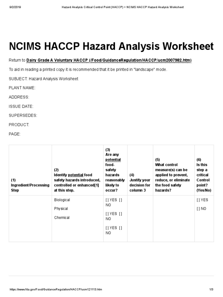 NCIMS HACCP Hazard Analysis Worksheet | PDF | Hazard Analysis And ...