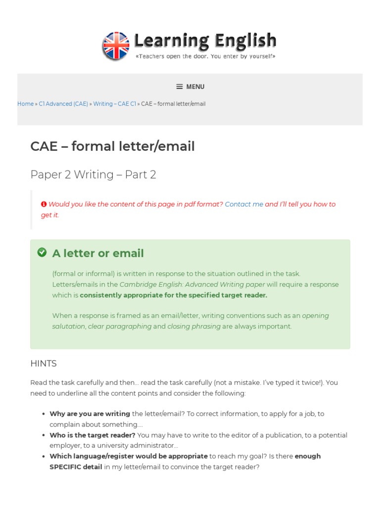 CAE - Formal Letter/email: Paper 2 Writing - Part 2 | PDF ...