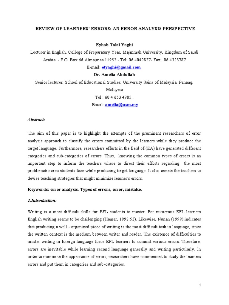 Review Of Learners Errors An Error Analysis Perspective Abstract Pdf Second Language Verb
