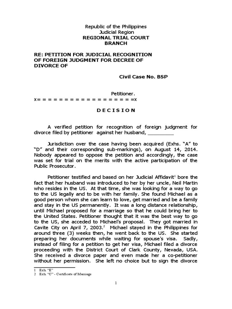Regional Trial Court Branch Re: Petition For Judicial Recognition of Foreign Judgment For Decree ...