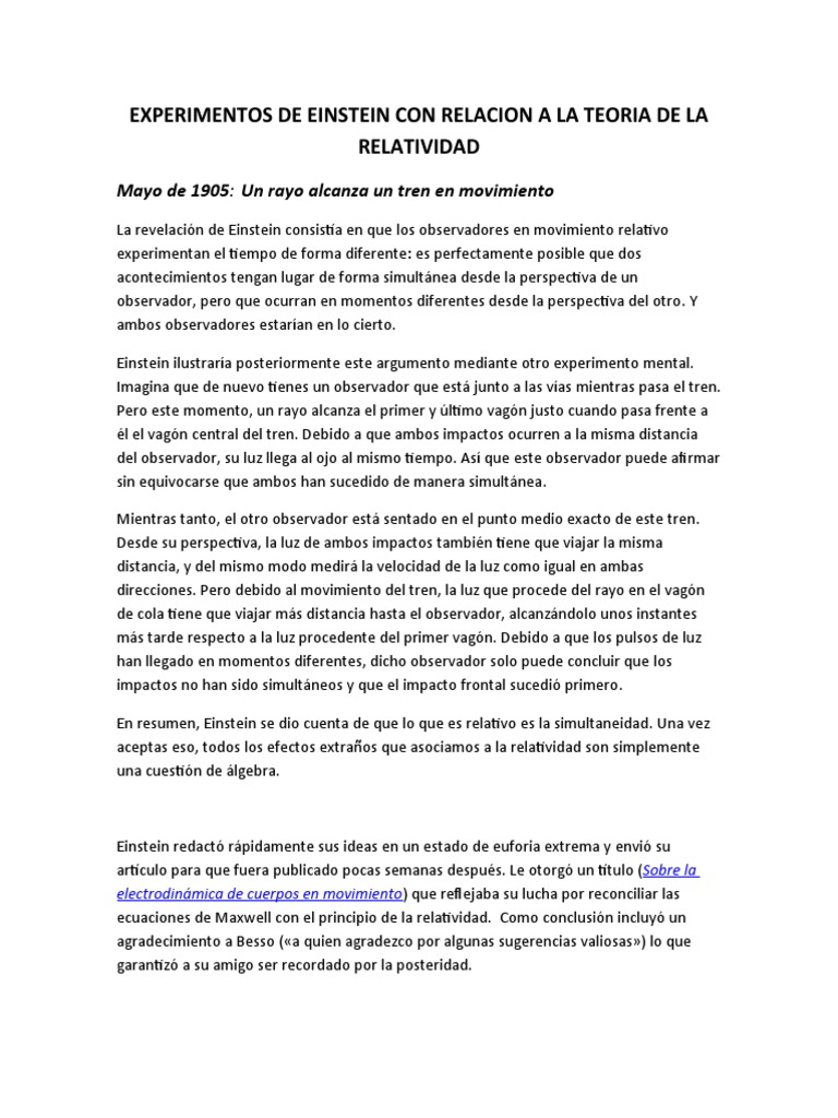Experimentos de Einstein y relatividad | PDF | Ligero | Albert Einstein