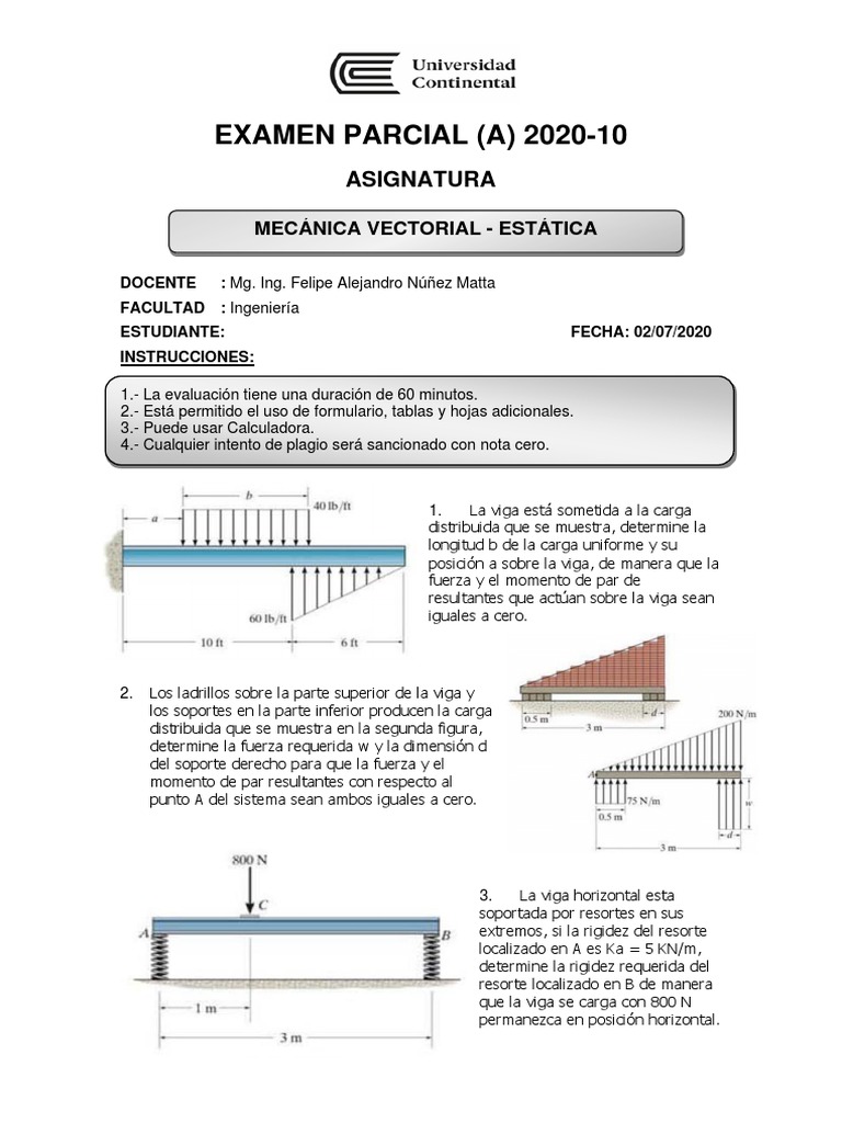 Examen Parcial MECÁNICA VECTORIAL - ESTÁTICA 2020 - 10 | PDF