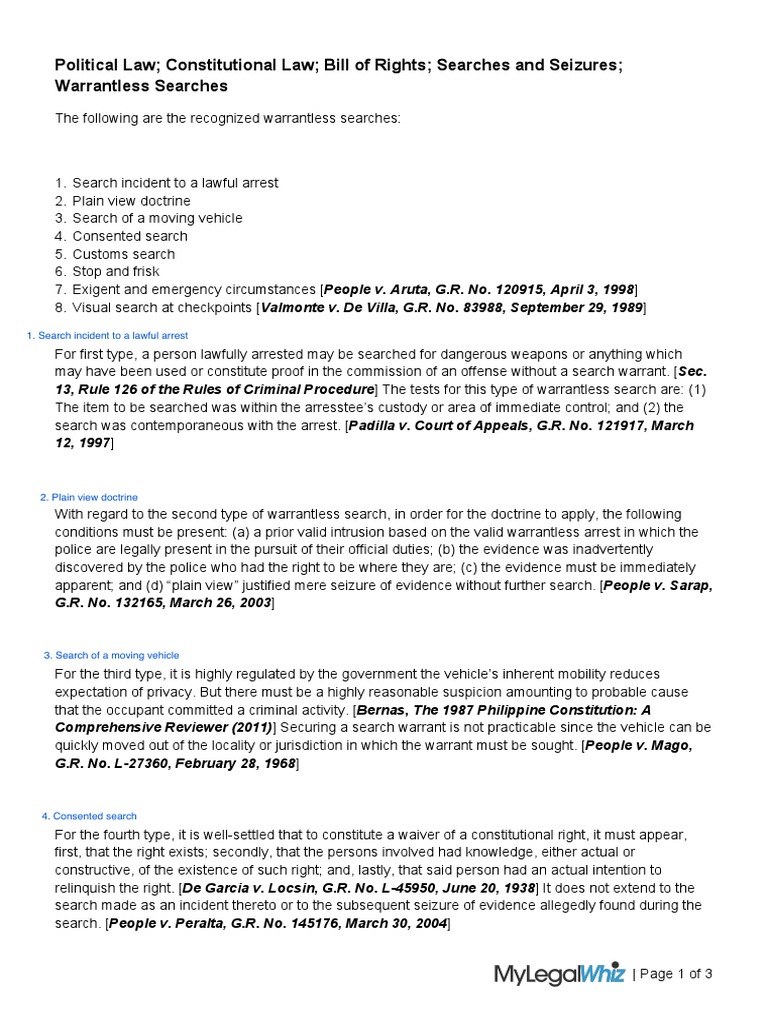 Bill of Rights Searches and Seizures Warrantless Searches | PDF ...