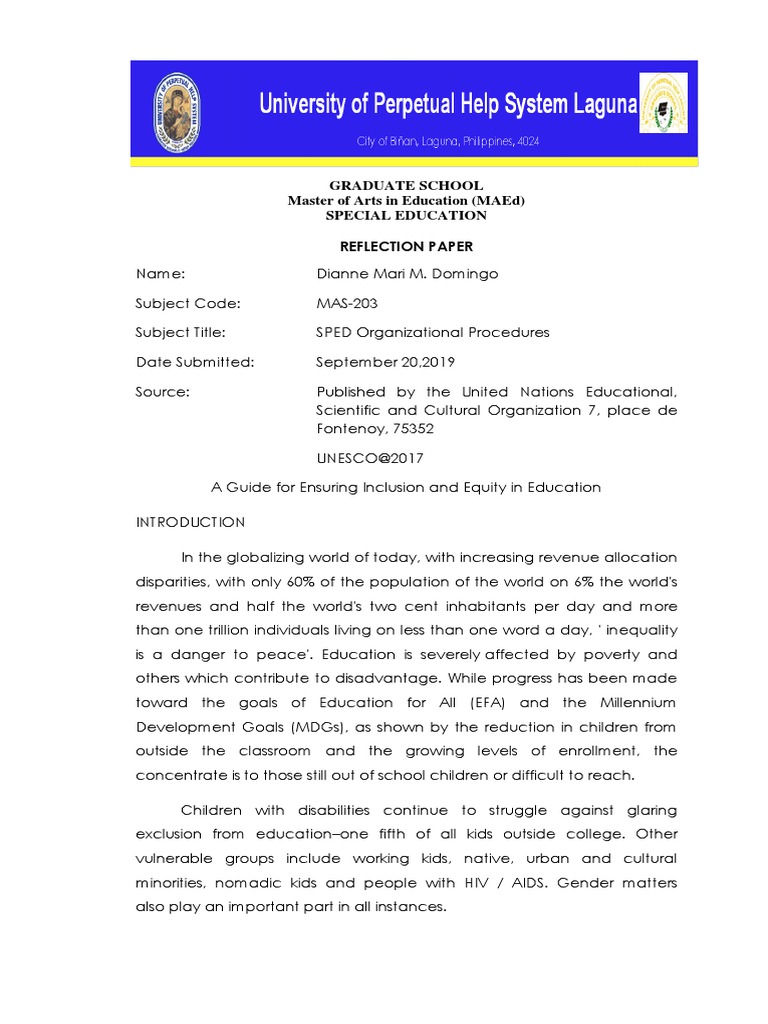 Reflection Paper 1 MAS 203 | PDF | Inclusion (Education) | Special ...