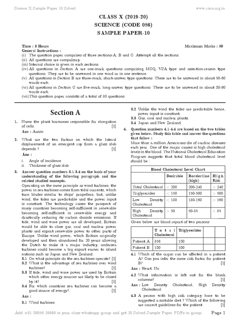 Section A: CLASS X (2019-20) Science (Code 086) Sample Paper-10 | PDF | Sodium | Chlorine